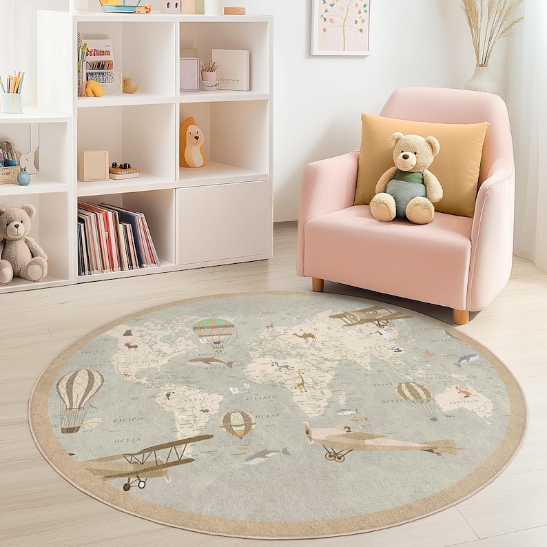 Vintage World Map Round Rug, Hot Air Balloon Kids Rug, Travel Theme ...