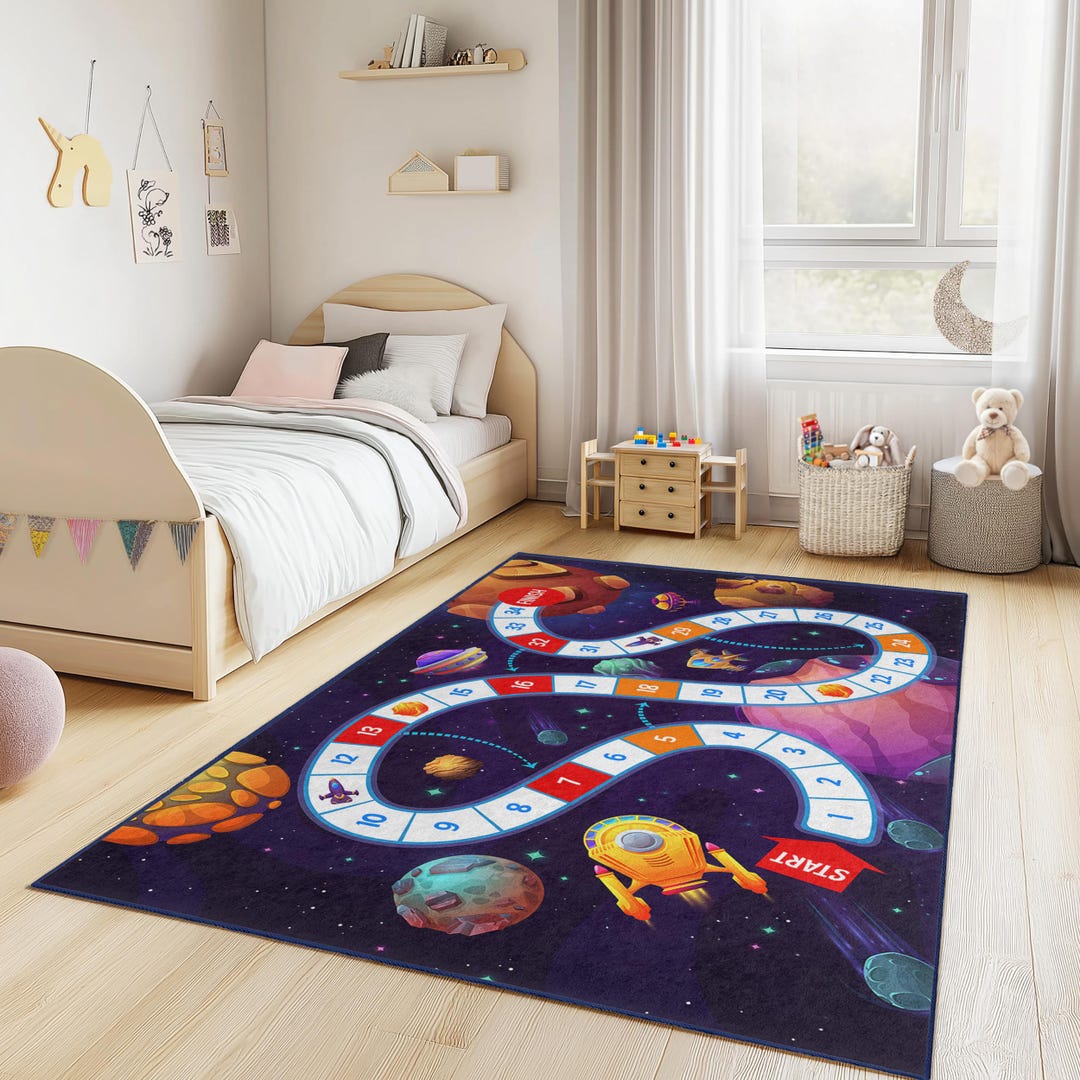 Outer Space Adventure Kids Play Rug, Space Themed Rectangle Rug ...