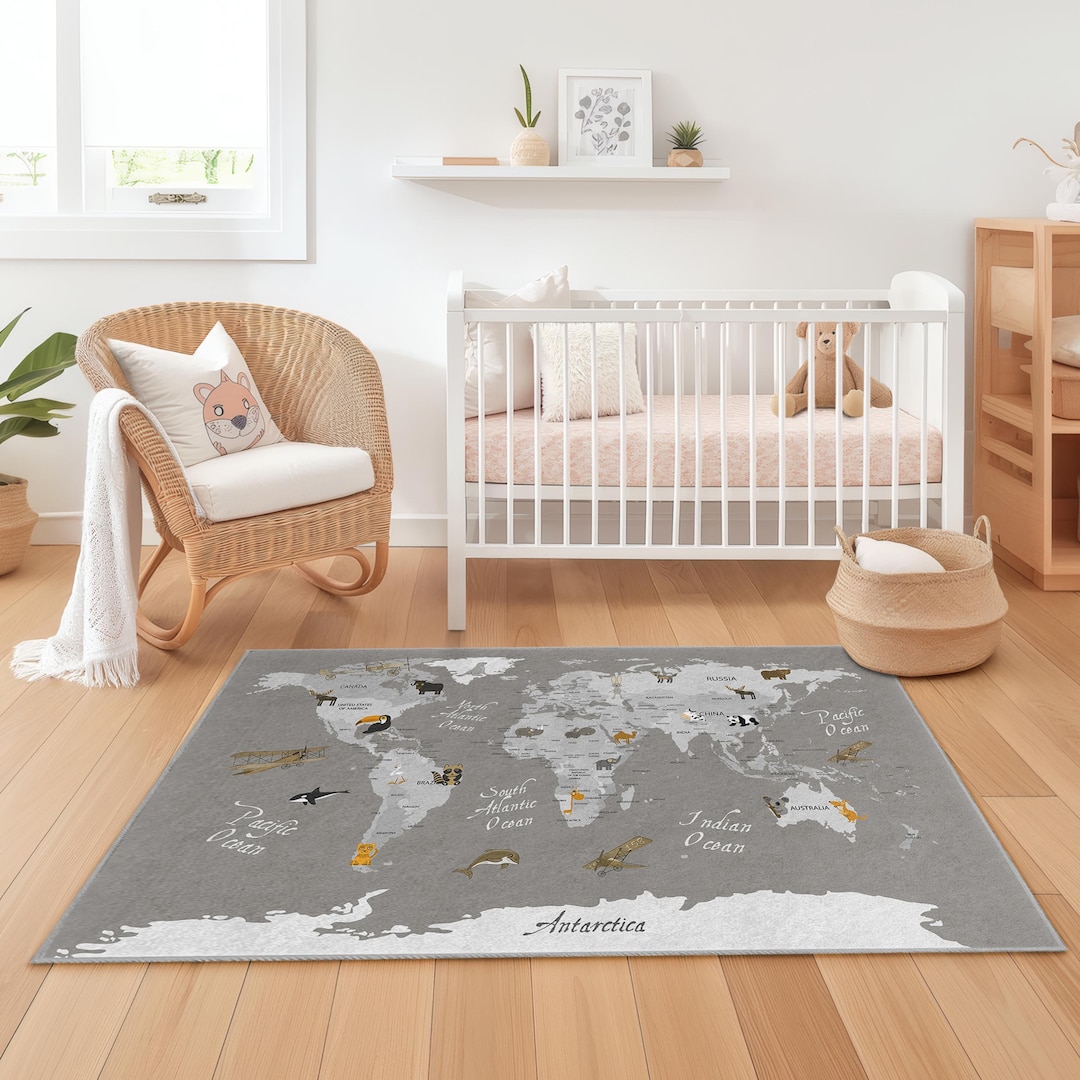 World Map Kids Rug, Educational Rectangle Play Mat, Children’s Room ...
