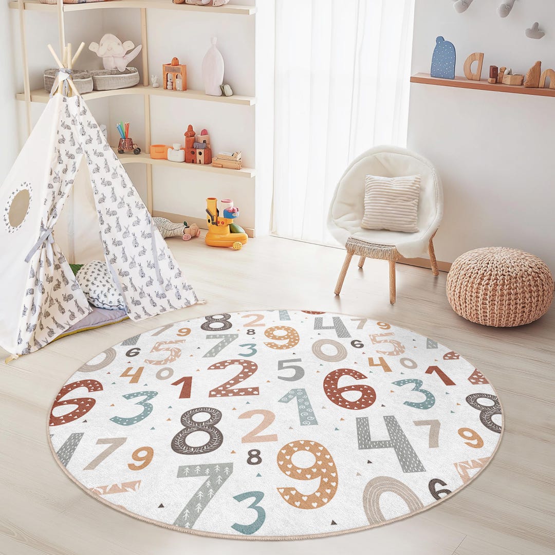 Colorful Number Pattern Round Kids Rug, Educational Play Mat, Soft ...