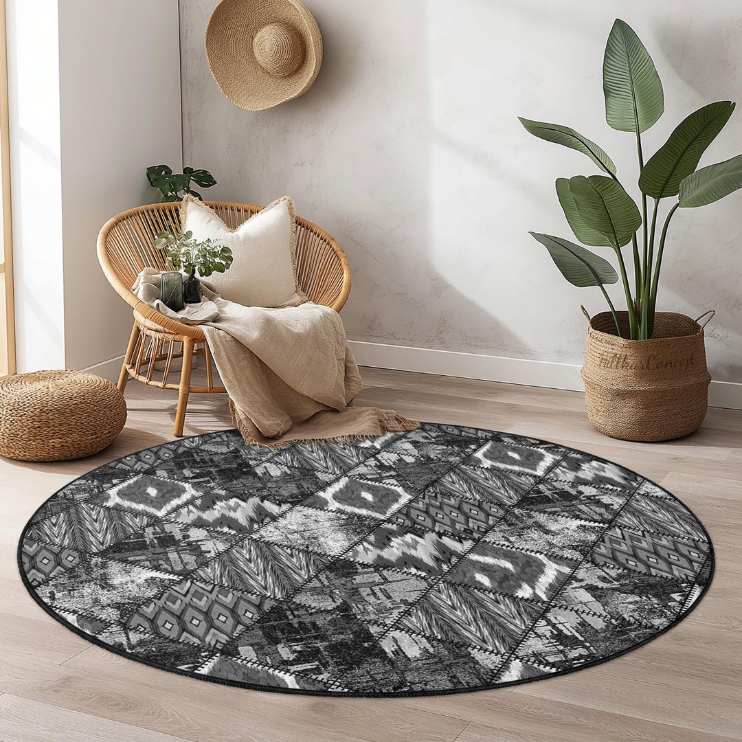 Geometric Black and White Round Area Rug, Modern Circle Rug, Boho Chic ...
