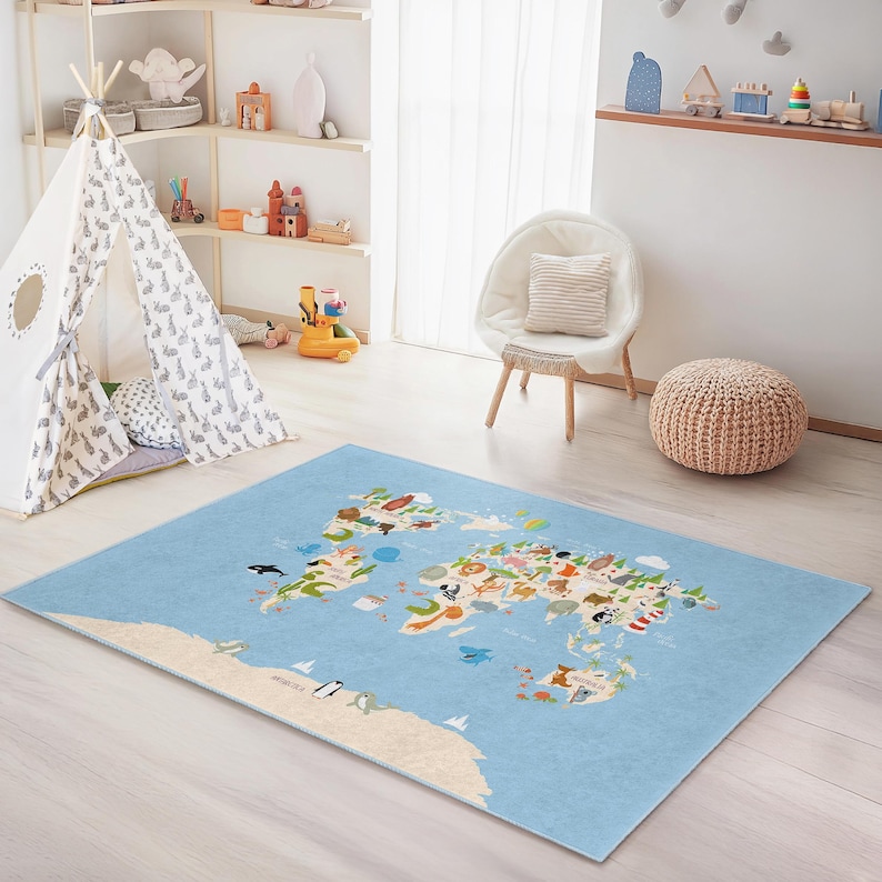 World Map Kids Play Rug, Interactive Animal Learning Carpet ...