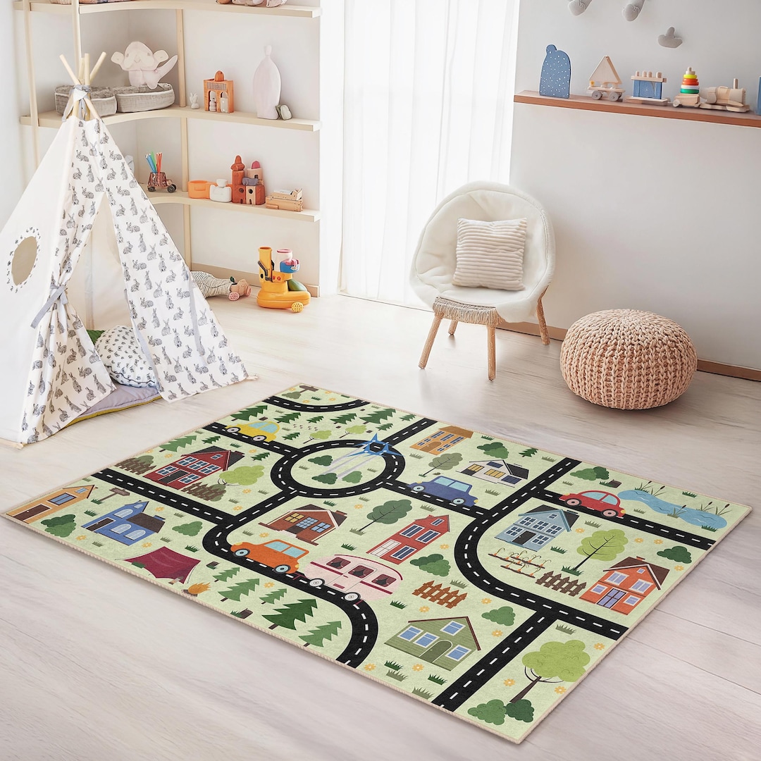 Colorful City Road Map Kids Rug, Fun Playroom Carpet, Interactive ...