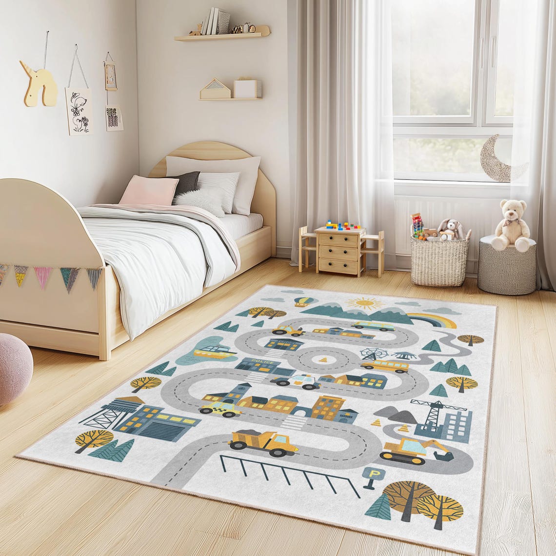 Colorful Road Map Kids Rug: Interactive Play Mat, Nursery Decor - Etsy