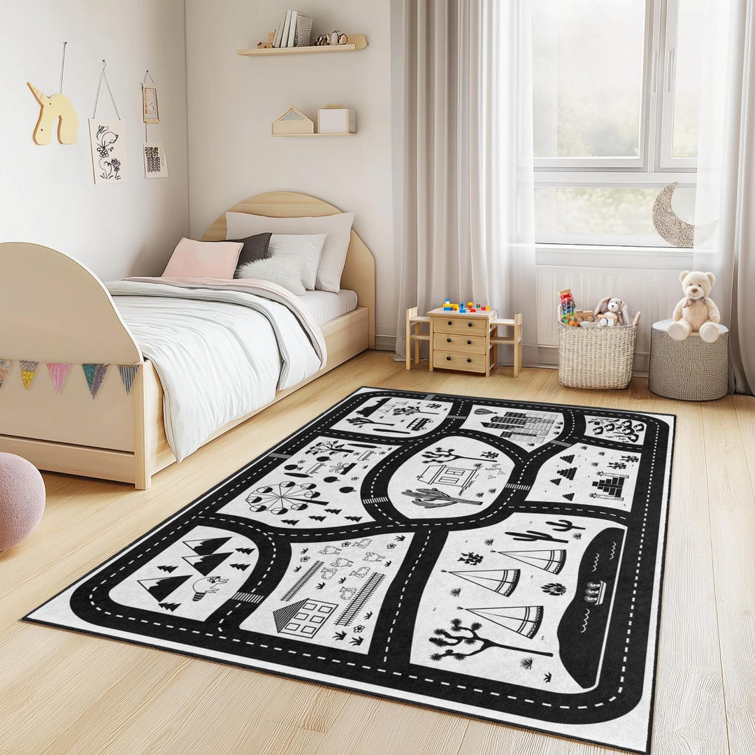 Adventure Road Map Kids Rug, Black and White Children's Play Mat ...