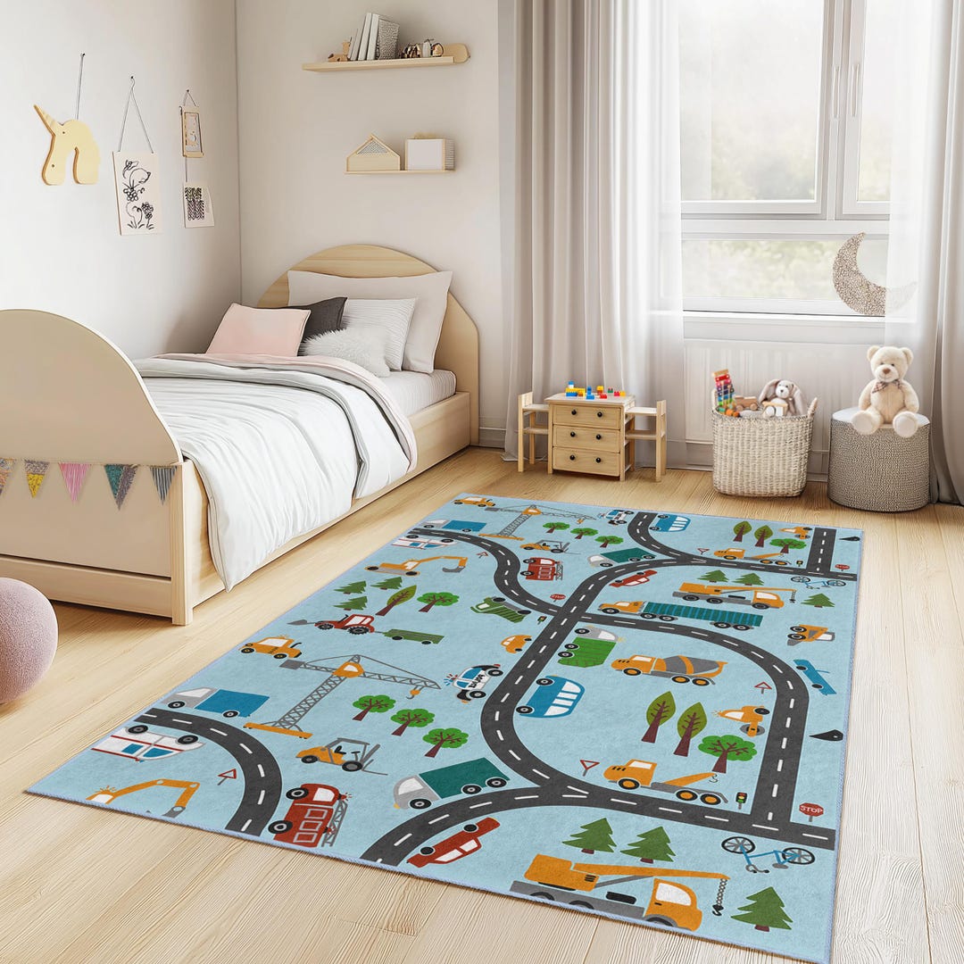 Construction Site Kids Play Rug, Truck and Vehicle Patterned ...