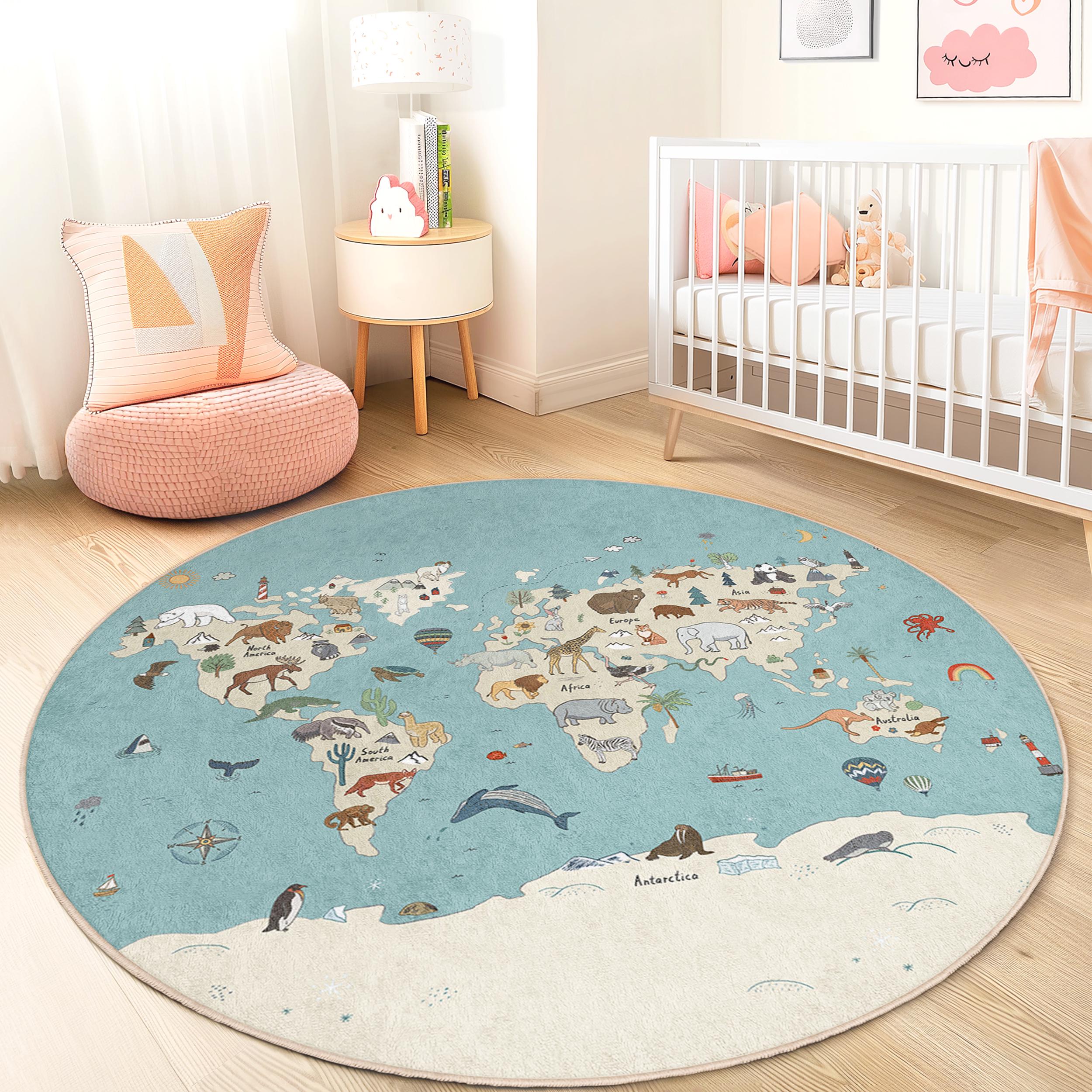 World Map Interactive Kids Round Rug, Animal Themed Play Mat ...