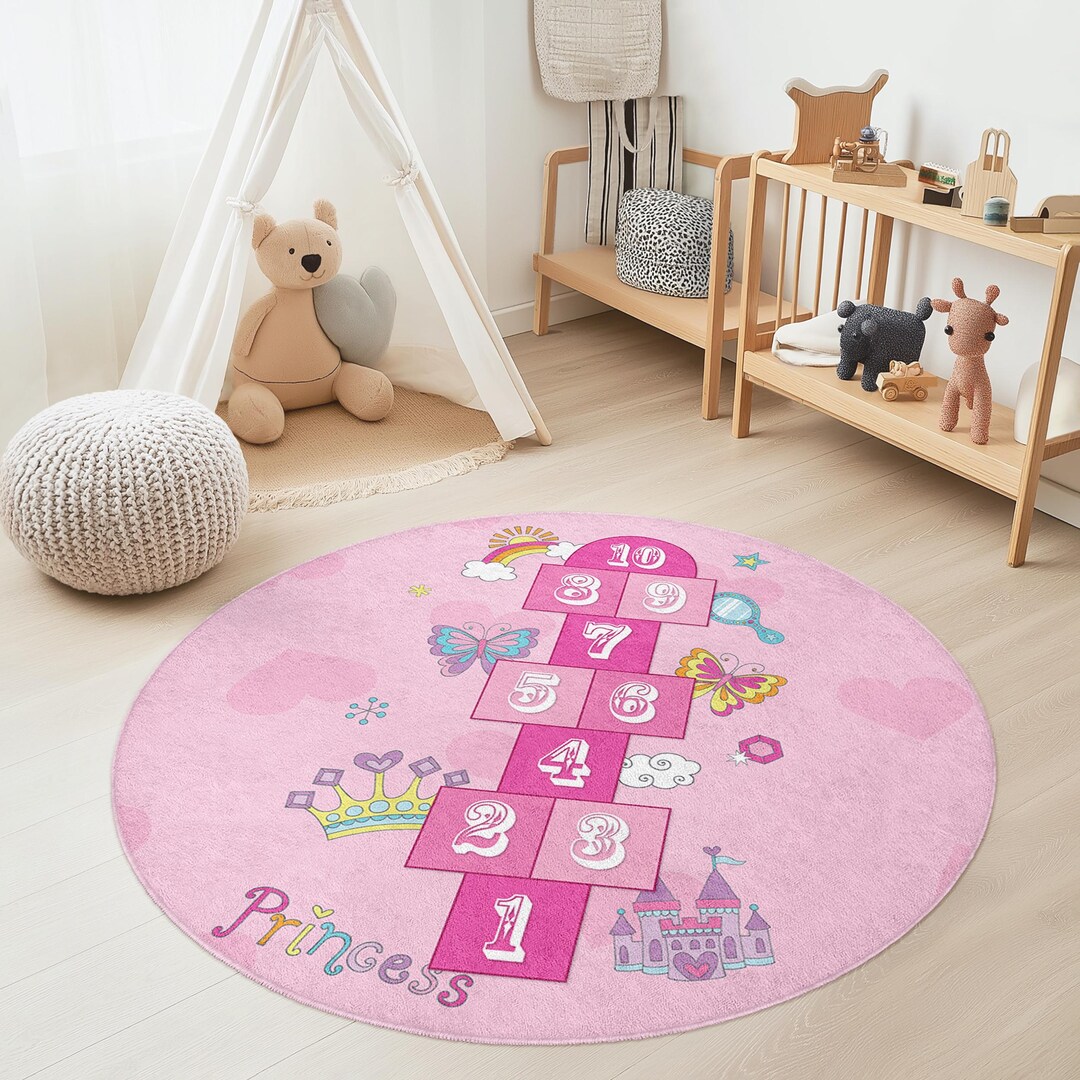 Princess Hopscotch Round Play Rug, Pink Kids Rug, Girls Room Decor ...