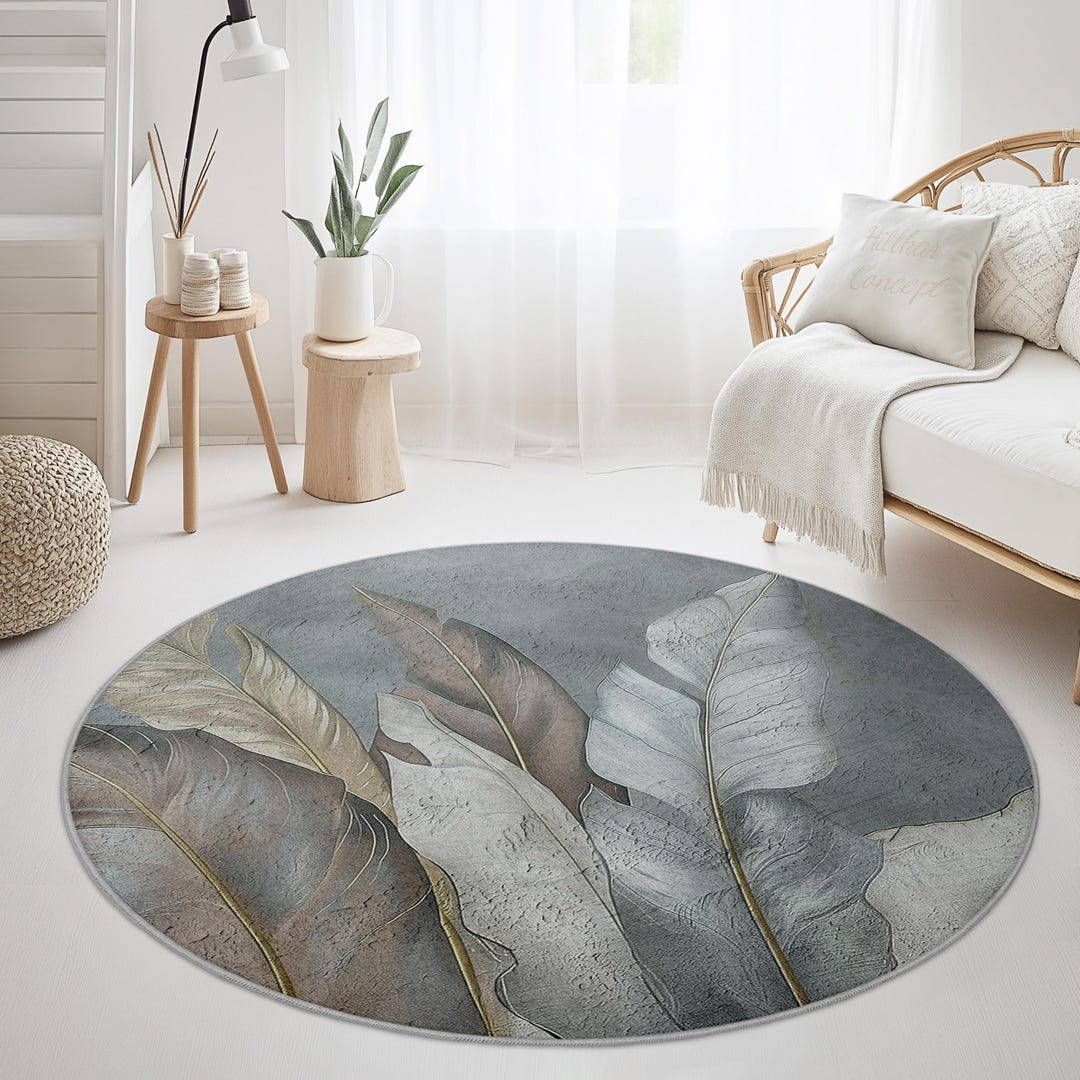Elegant Round Leaf Design Area Rug, Modern Round Carpet, Botanical ...