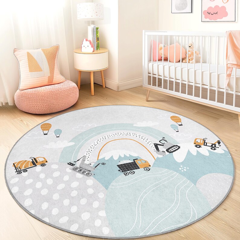 Construction Theme Round Kids Play Rug, Colorful Trucks and Hot Air ...