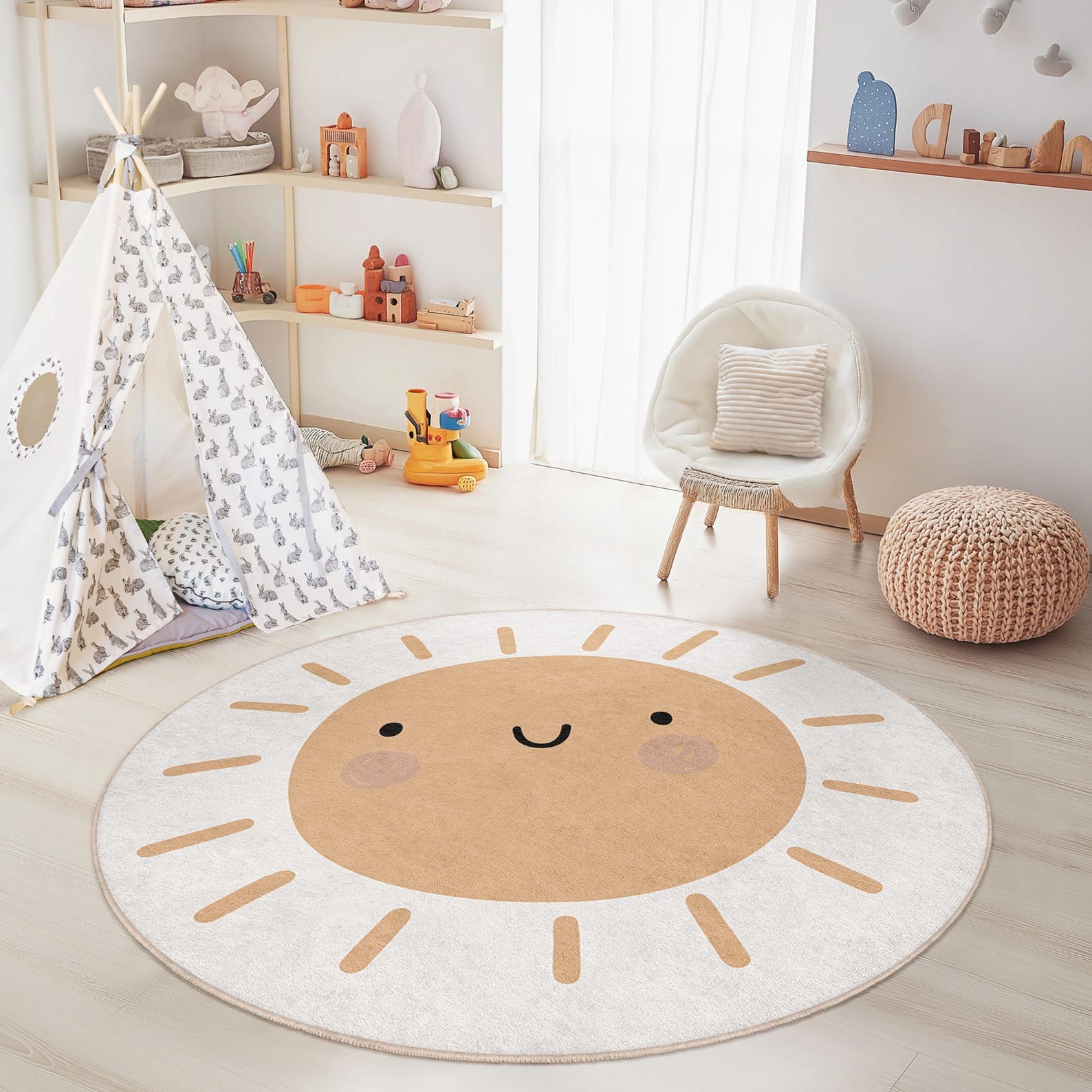 Cute Smiling Sun Round Kids Rug, Playful Sun Design Rug, Childrens Room ...