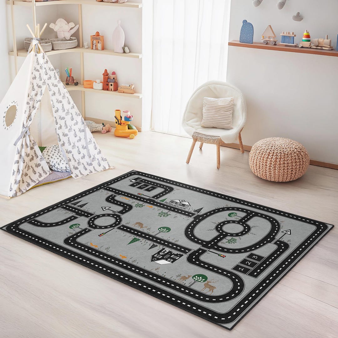 Playful Road Map Kids Rug, Interactive Play Mat for Children, Rectangle ...