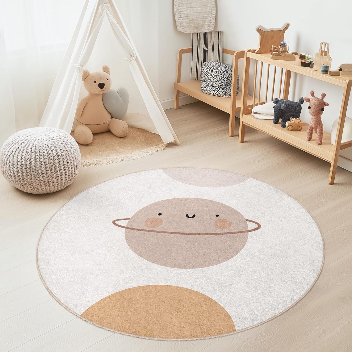 Cute Planet Round Kids Rug, Space Theme Nursery Mat, Playroom Decor ...