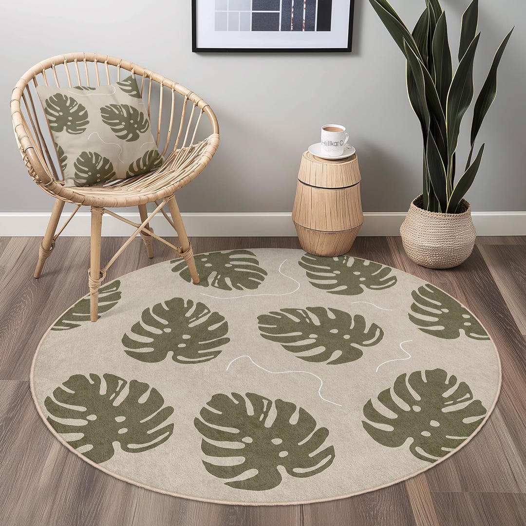 Tropical Monstera Leaf Round Area Rug, Boho Chic Floor Mat, Modern ...