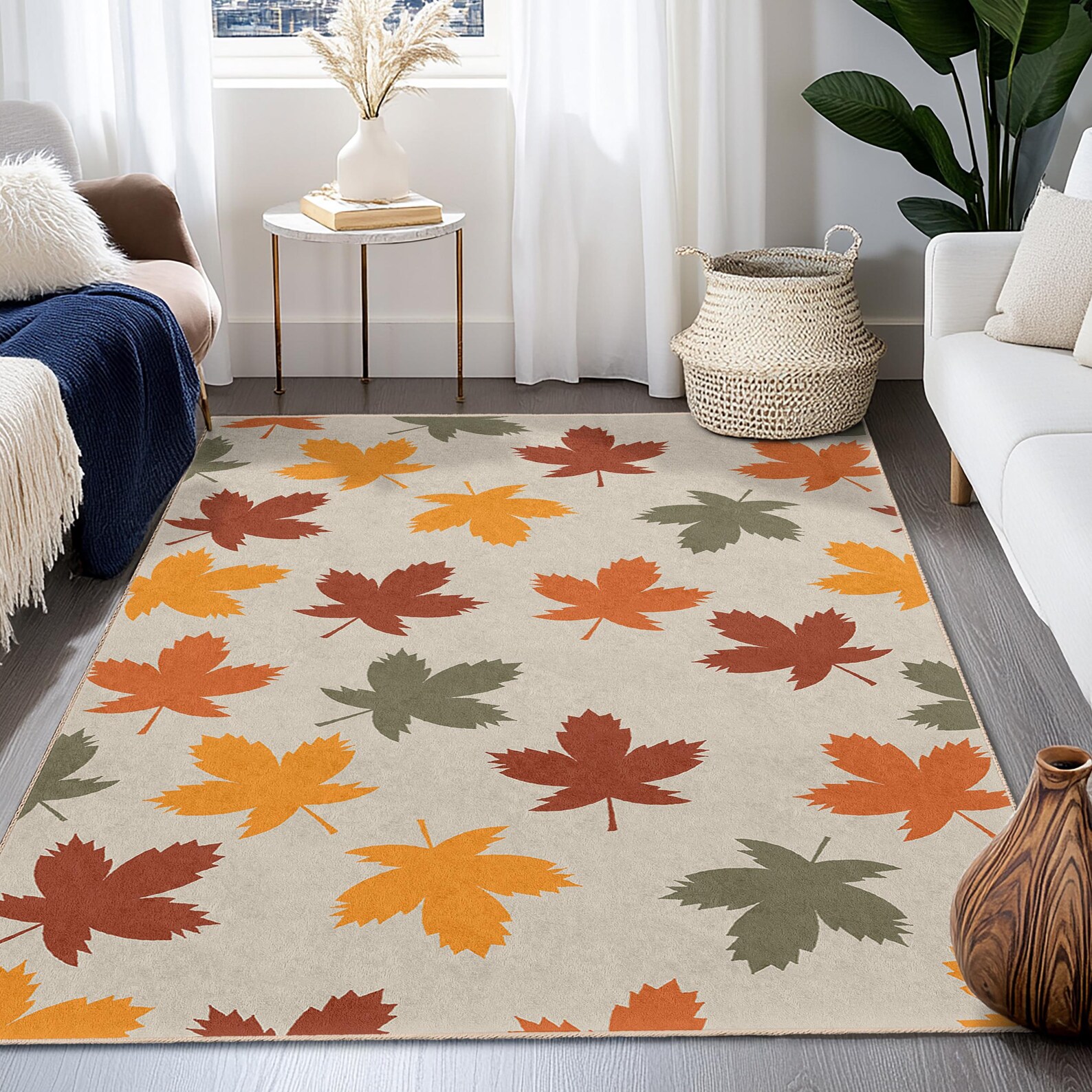 Autumn Leaves Rectangular Area Rug, Leaf Pattern Floor Mat, Seasonal ...
