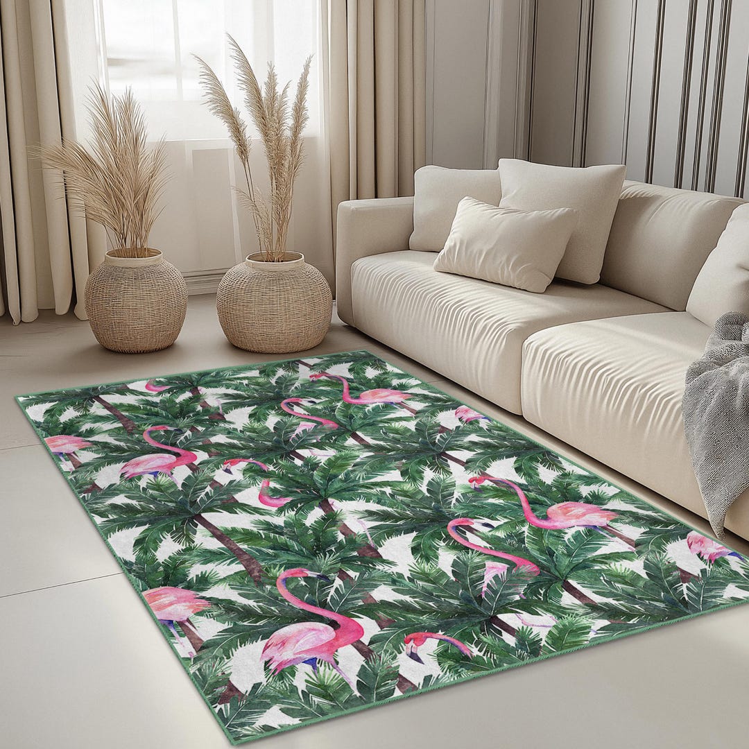 Tropical Flamingo Rectangular Area Rug, Palm Leaf Pattern Rug, Indoor ...