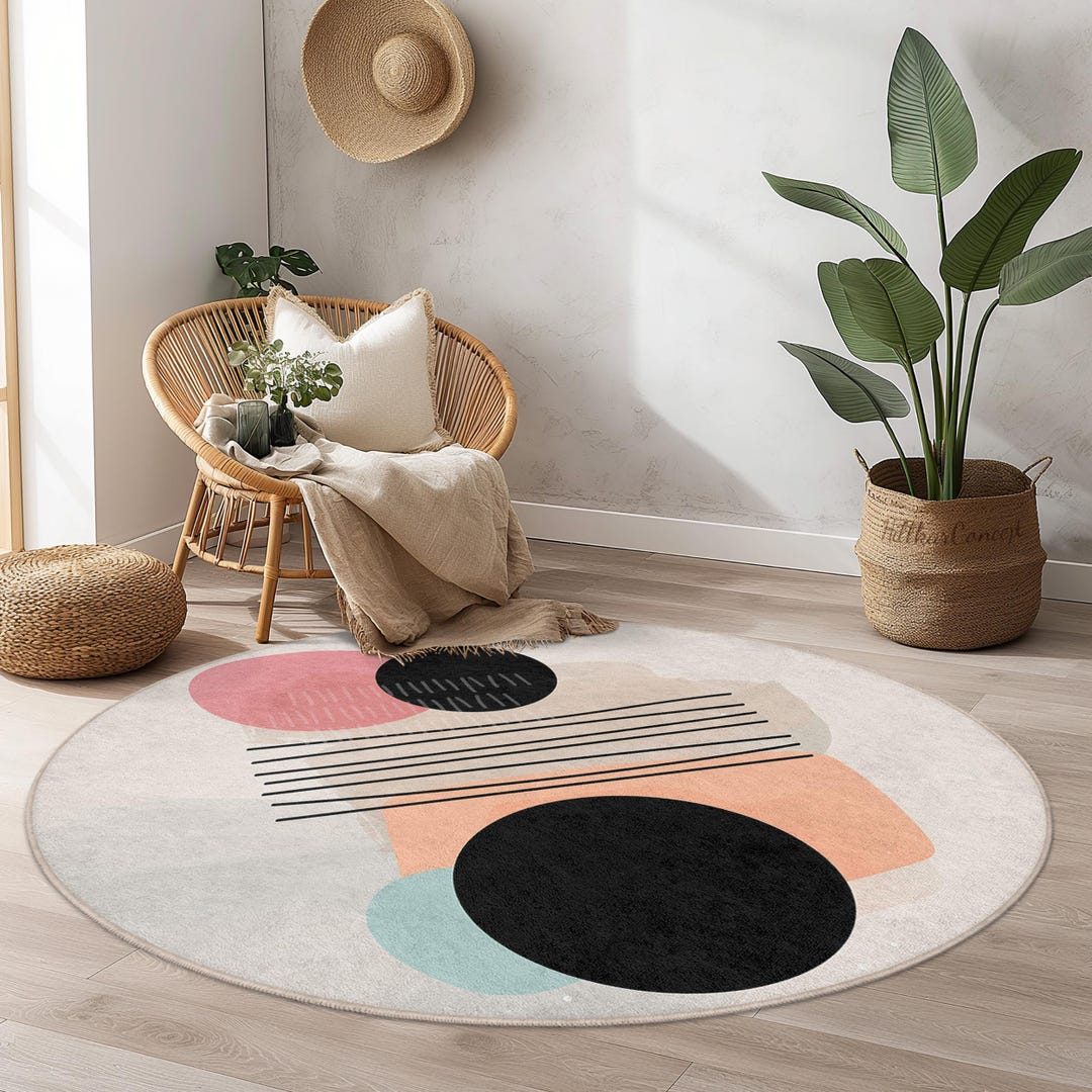 Abstract Geometric Round Rug | Modern Art Home Decor | Soft Cotton ...