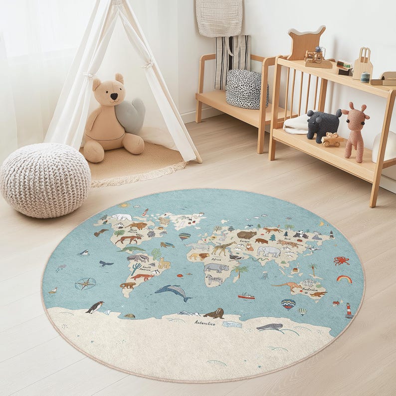 World Map Interactive Kids Round Rug, Animal Themed Play Mat ...