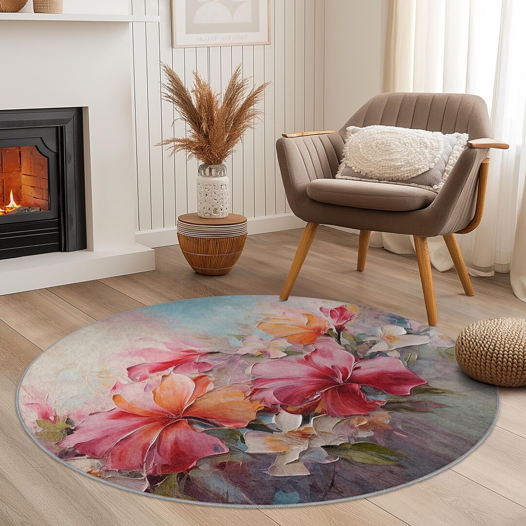 Vibrant Floral Round Area Rug, Colorful Flower Rug for Living Room ...
