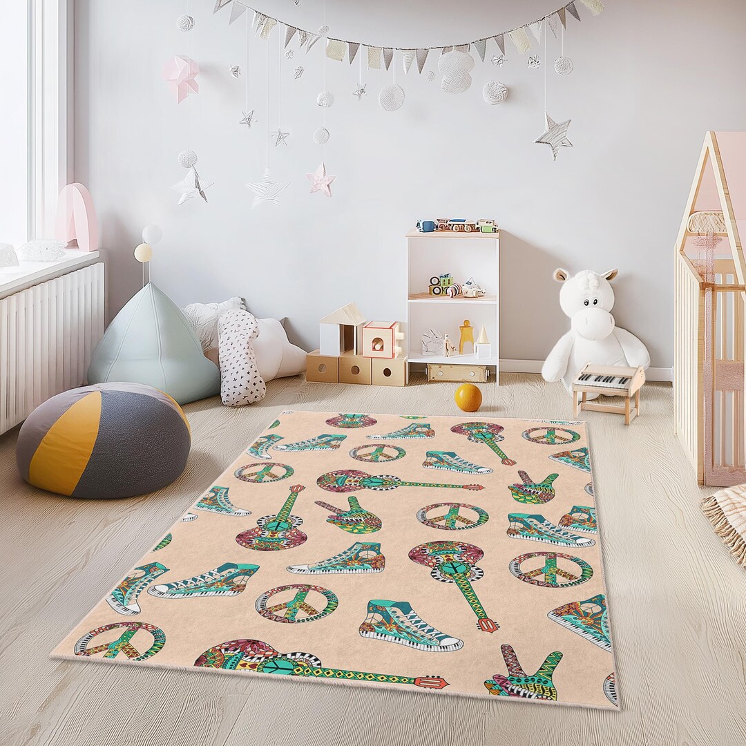 Colorful Retro Guitar & Peace Sign Kids Rug, Fun Rectangular Play Mat ...