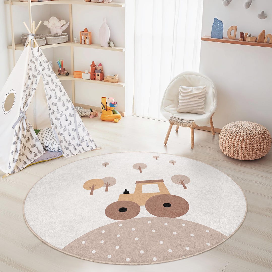 Cute Tractor Round Kids Rug, Farm Animal Play Mat, Nursery Decor ...