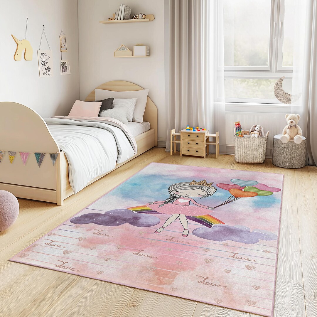 Rainbow Princess Kids Play Rug, Cute Girl Rug, Rectangular Kids Room ...
