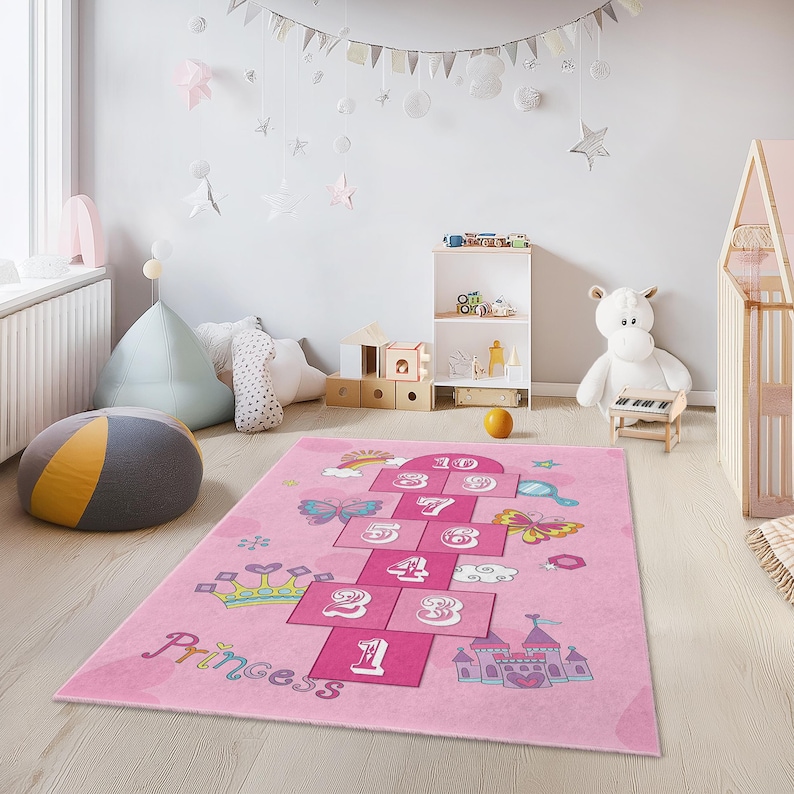 Princess Hopscotch Play Rug for Kids Room, Rectangle Kids Carpet, Soft ...