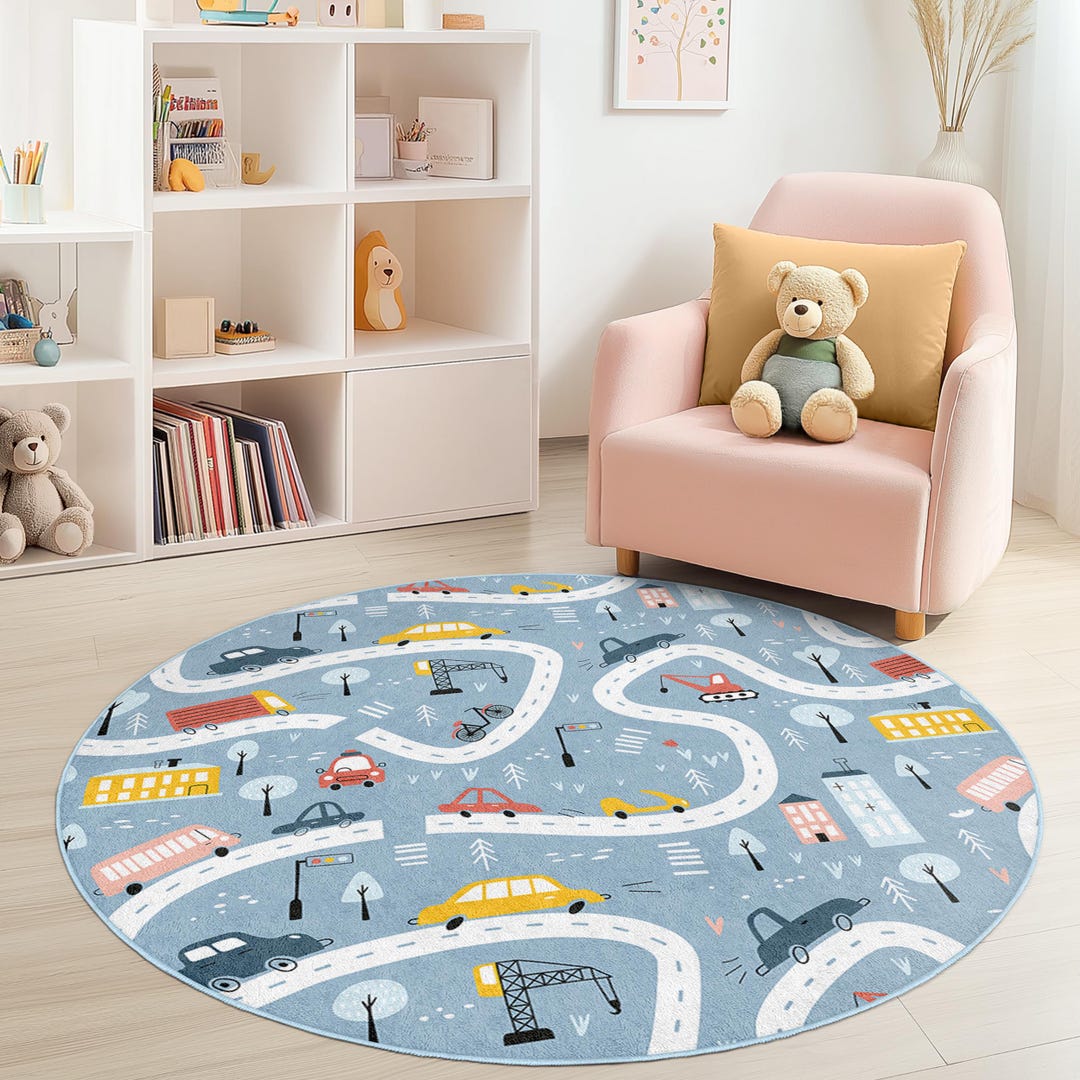 Colorful Road Map Kids Round Rug, Playful Round Carpet for Children's ...