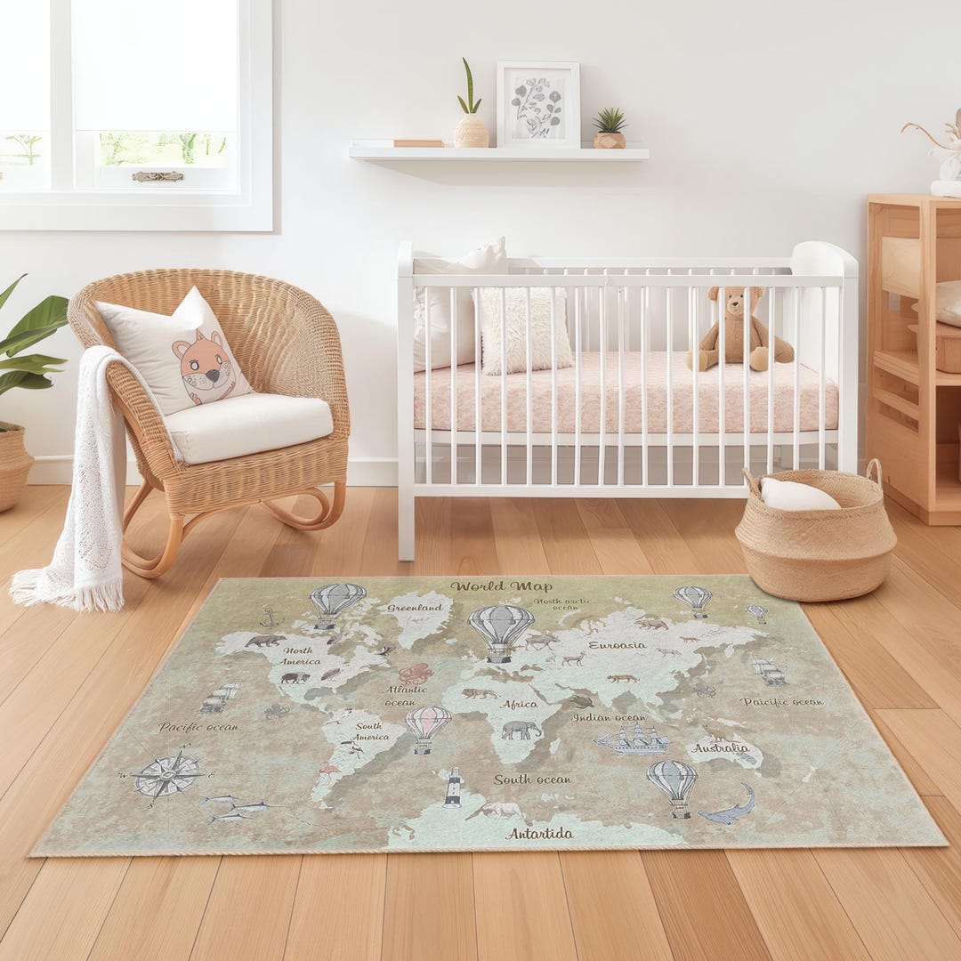 Vintage World Map Kids Rug, Educational Play Mat, Rectangular Rug for ...