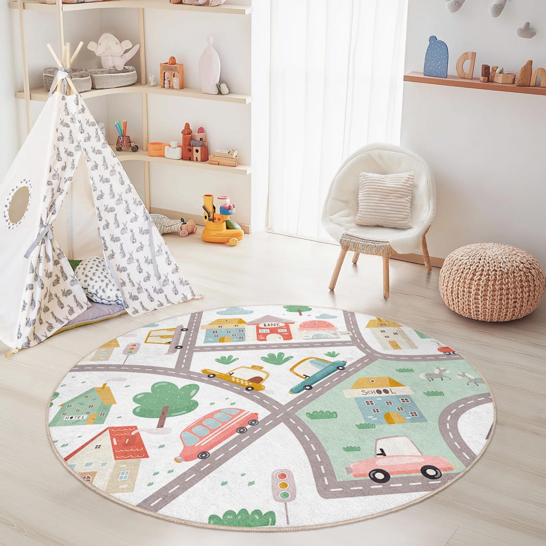 Colorful Round Kids Play Rug, Road Map Play Mat, Interactive Round Rug ...