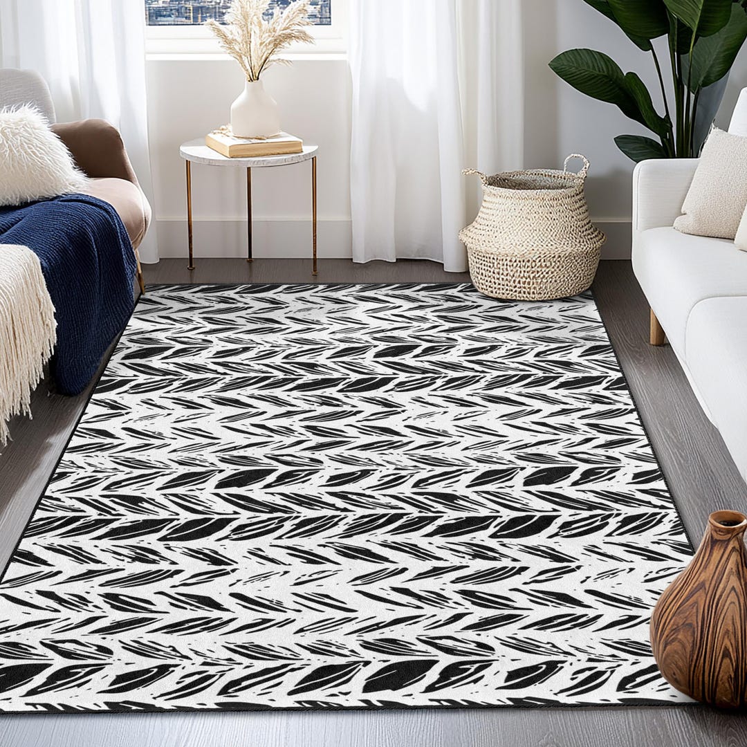 Black and White Leaf Pattern Rug, Modern Rectangular Area Rug - Etsy