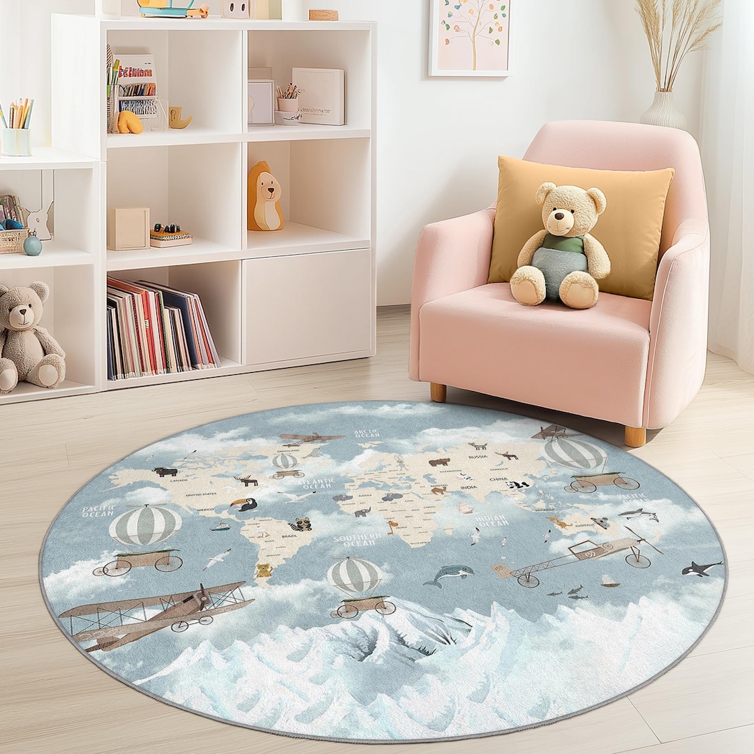 World Map Adventure Round Kids Rug, Airplane and Hot Air Balloon Design ...