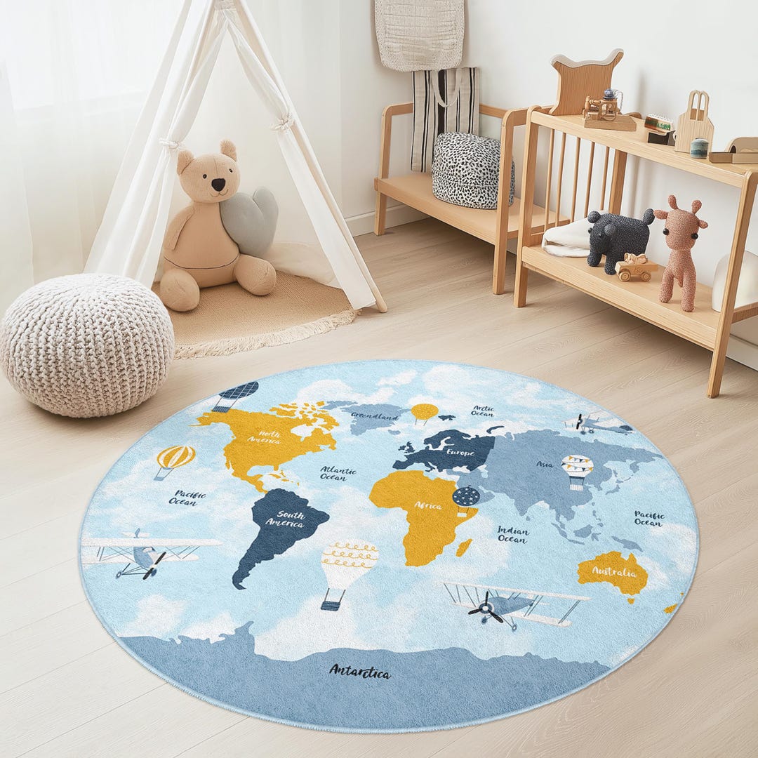 World Map Round Kids Play Rug, Colorful Educational Area Rug, Kids Room ...