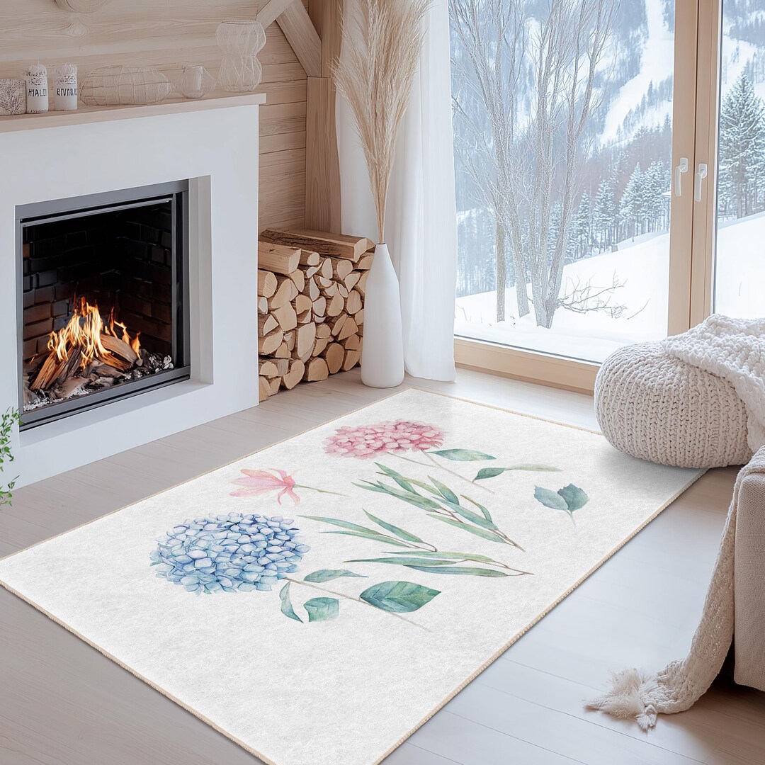 Floral Watercolor Area Rug, Pink and Blue Flower Carpet - Etsy