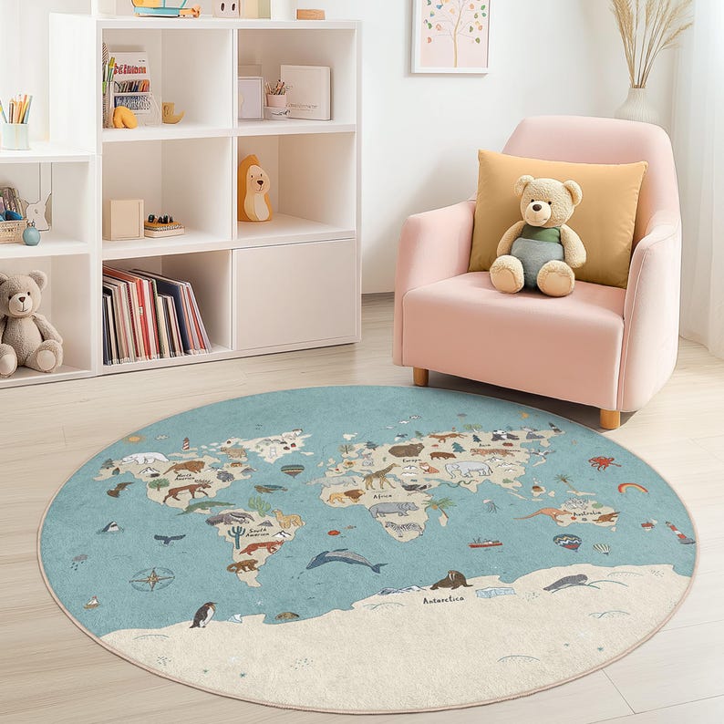 World Map Interactive Kids Round Rug, Animal Themed Play Mat ...