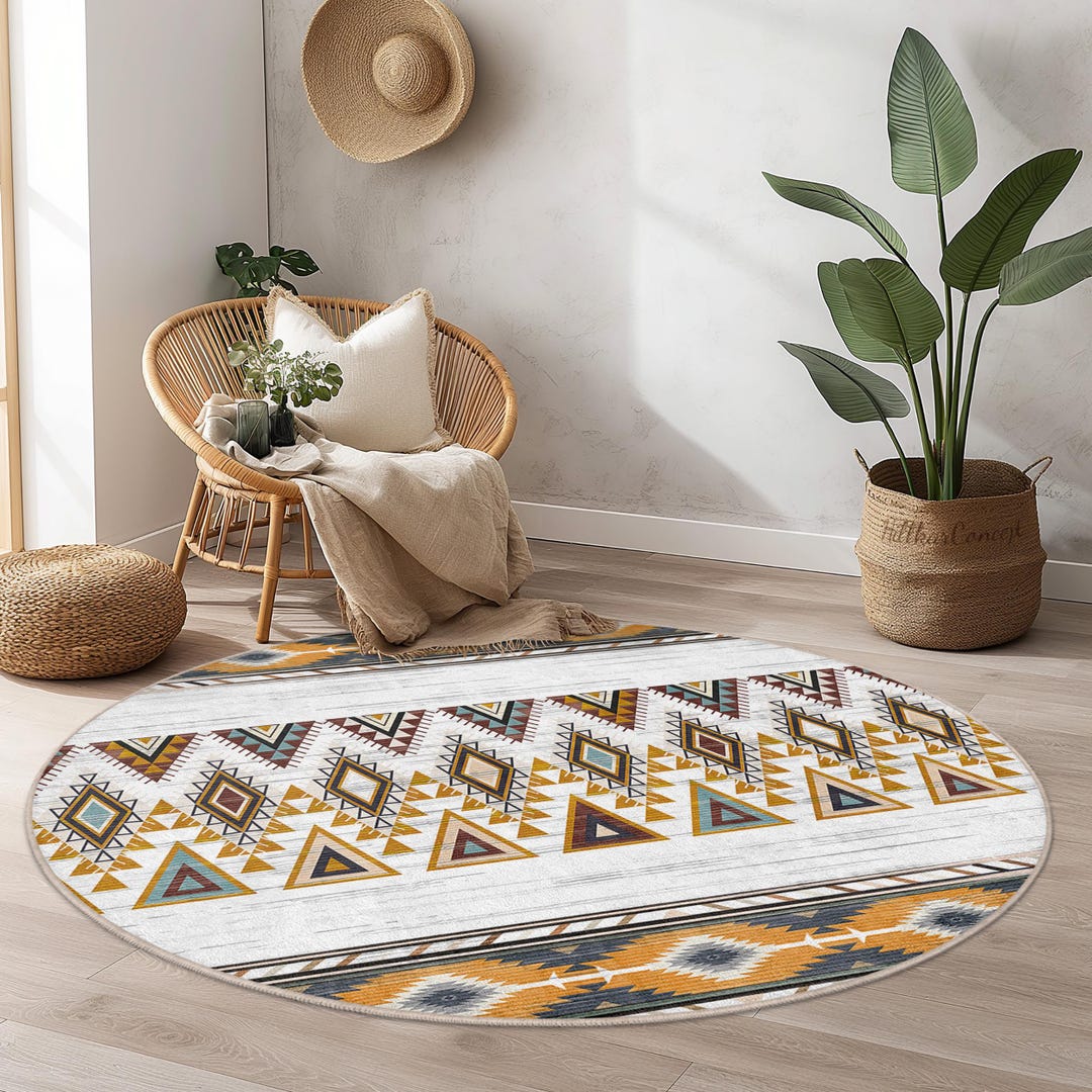 Geometric Pattern Round Area Rug, Boho Style Round Rug, Living Room ...