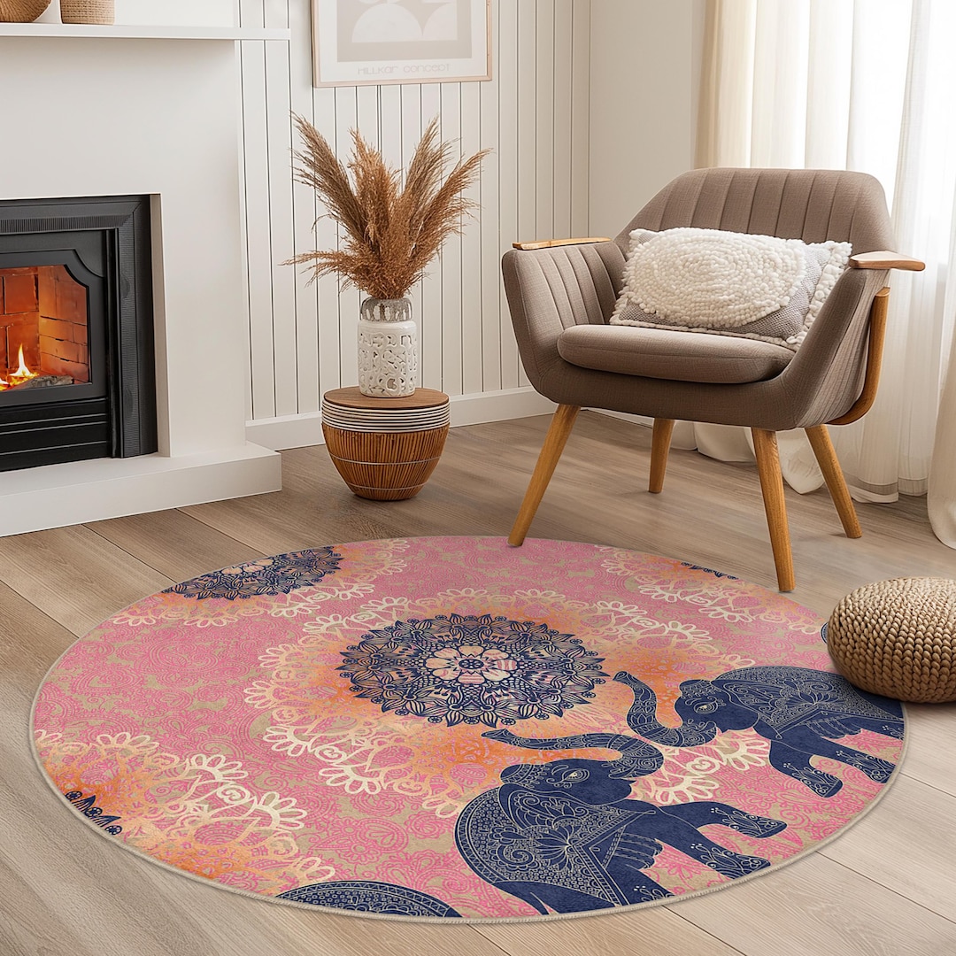 Elegant Elephant Mandala Round Area Rug, Bohemian Style Round Carpet ...