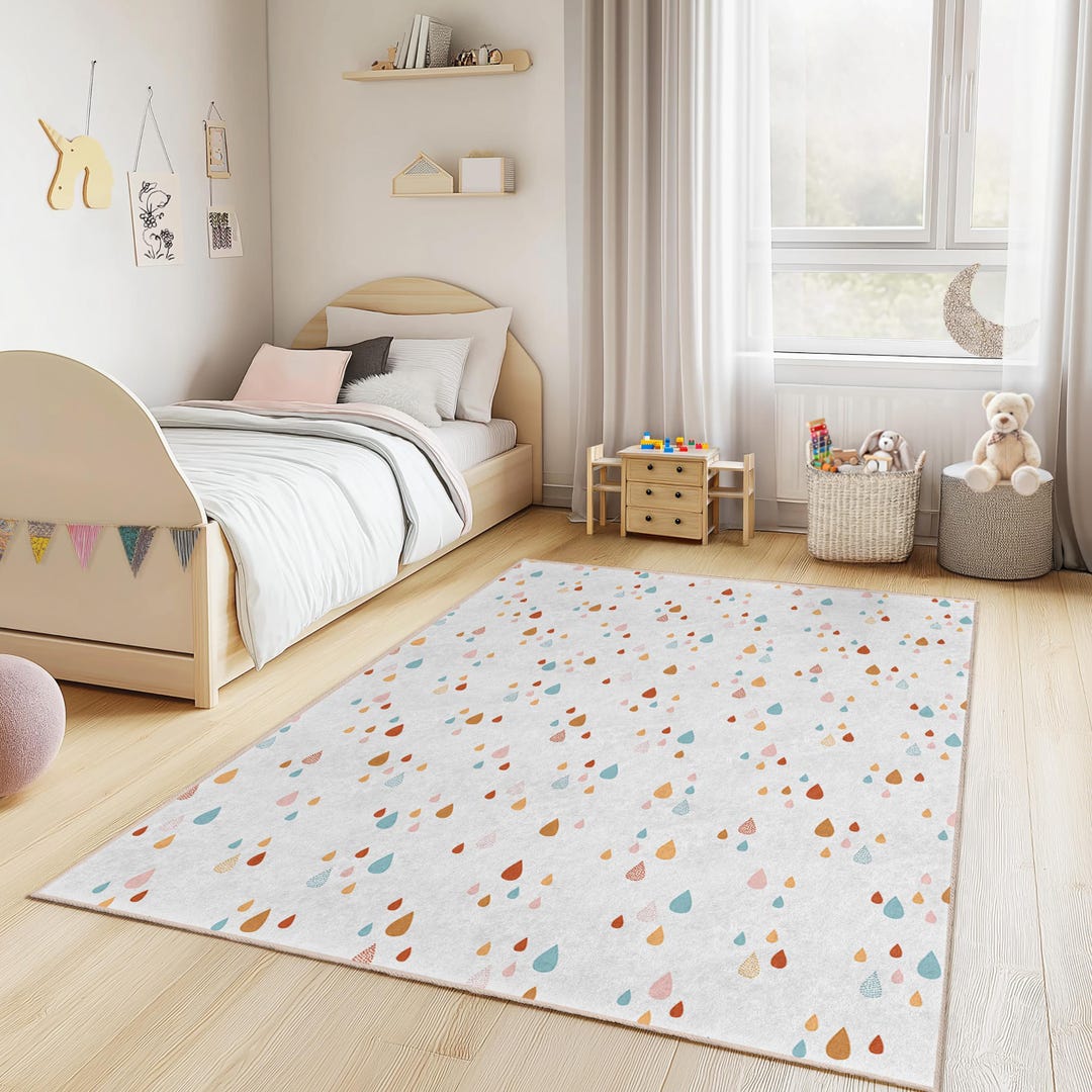 Colorful Water Droplets Rectangular Kids Rug, Playful Waterdrop Carpet ...