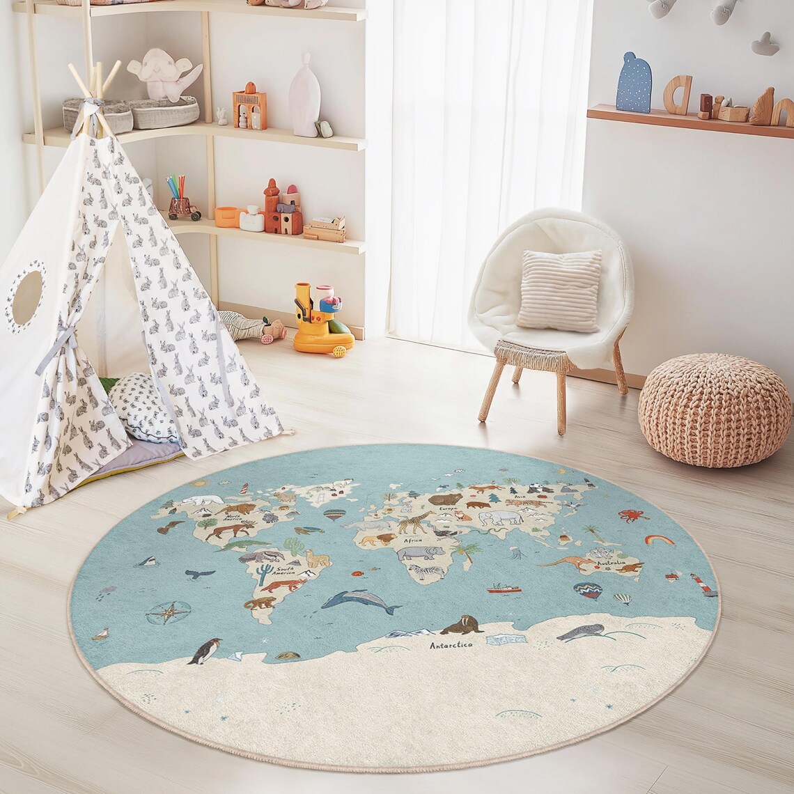 World Map Interactive Kids Round Rug, Animal Themed Play Mat ...