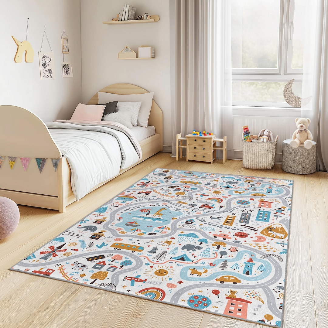 Colorful Adventure Road Map Rectangle Kids Rug, Playroom Carpet ...