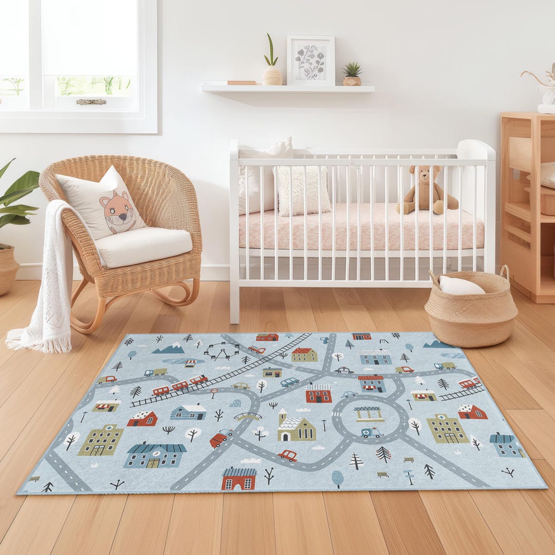 Colorful City Map Rectangular Kids Rug, Playroom Carpet, Road Theme ...