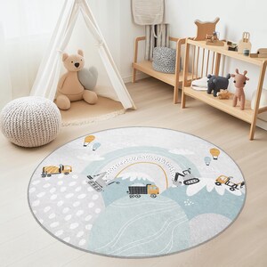 Construction Theme Round Kids Play Rug, Colorful Trucks and Hot Air ...