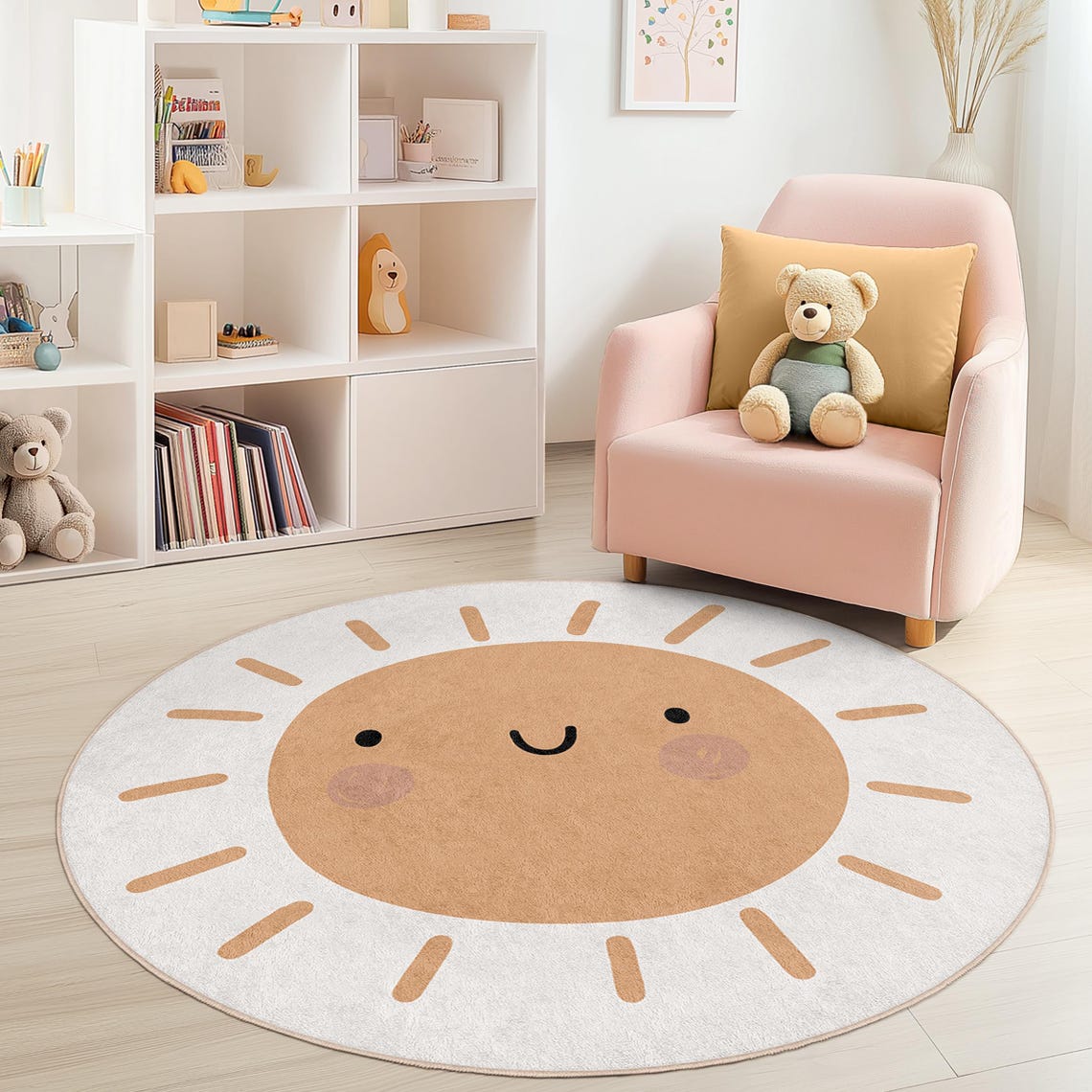 Cute Smiling Sun Round Kids Rug, Playful Sun Design Rug, Childrens Room ...