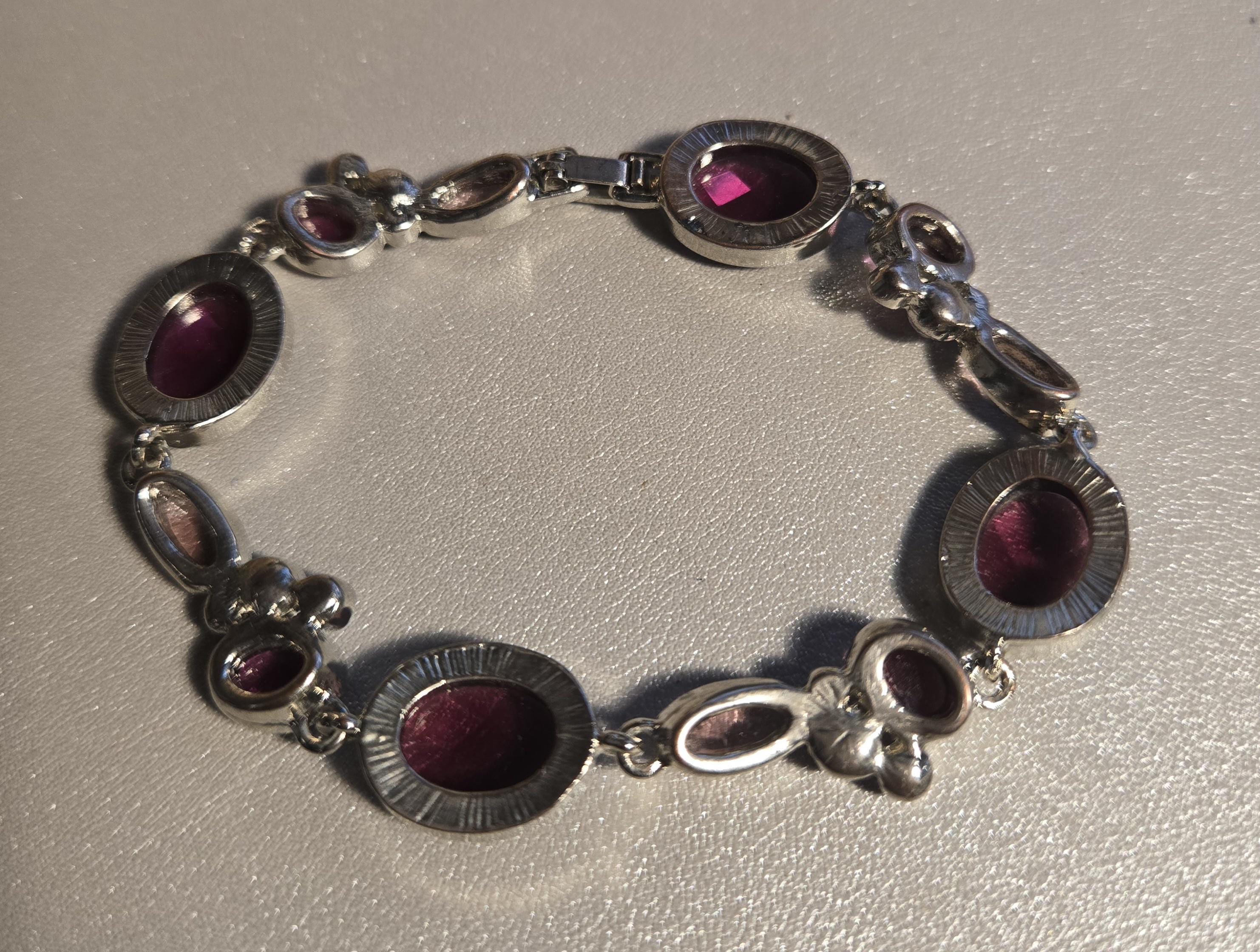 Vintage Purple Glass Cabochon Bracelet, Silver Tone Rhinestone Link ...