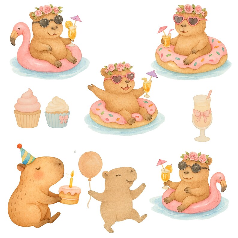 Capybara Party Clipart Bundle – Watercolor PNG - Etsy