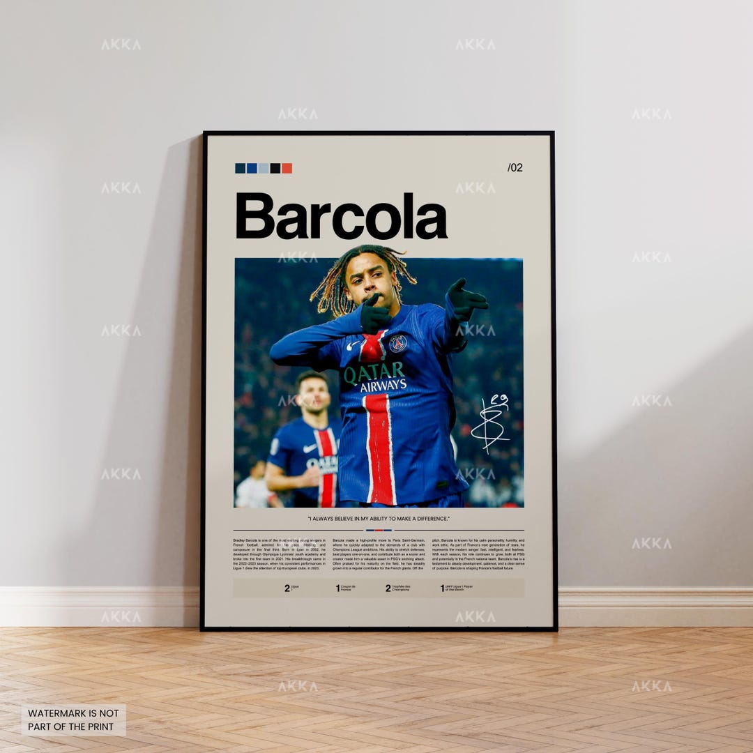 Bradley Barcola Poster, Barcola PSG Wall Art, Framed Barcola Print ...