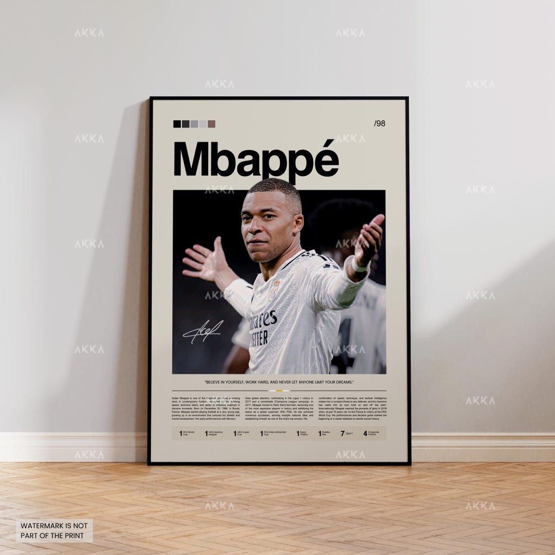 Kylian Mbappé Poster, Mbappé Real Madrid Print, Framed Mbappé Art, Real ...