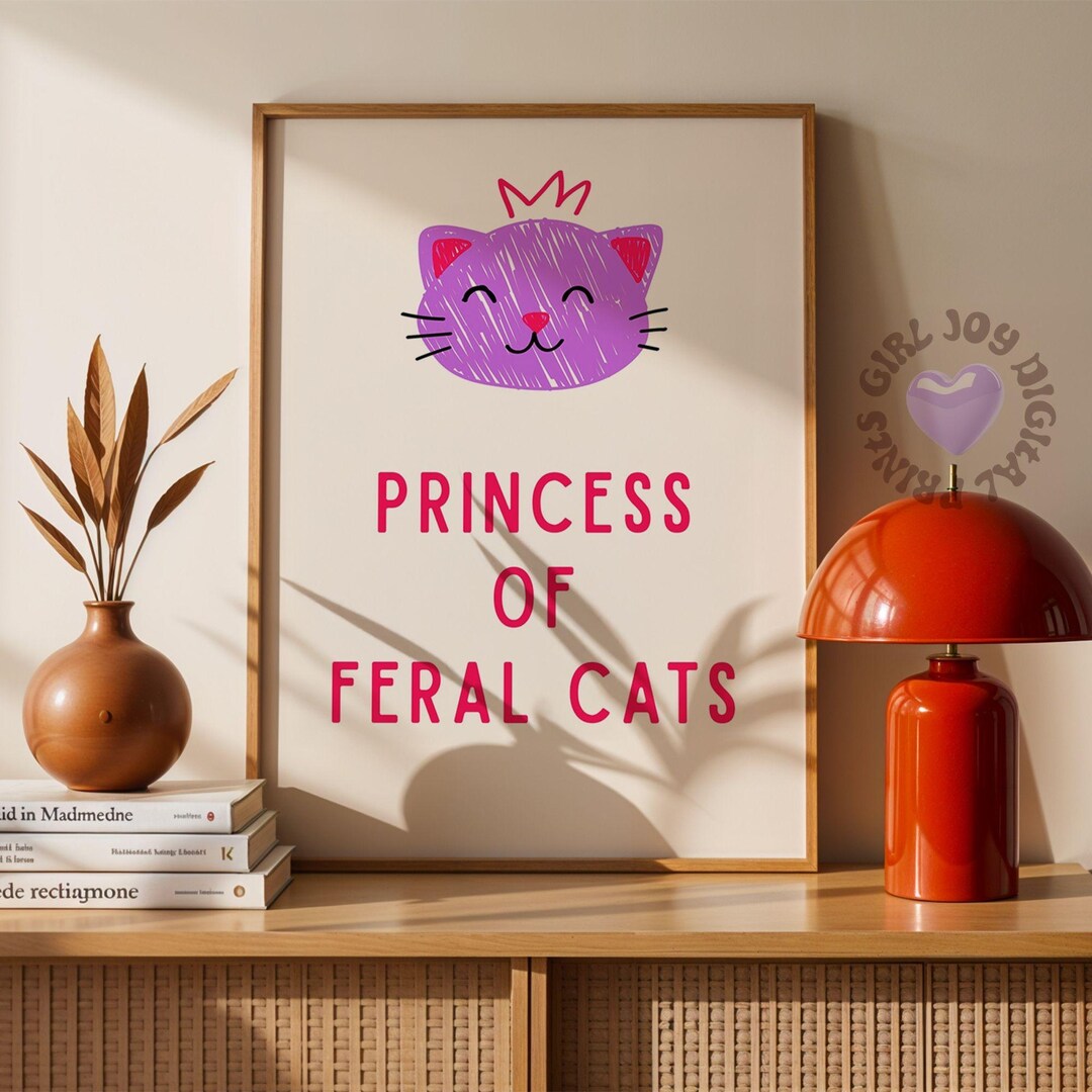 Princess of Feral Cats Poster, Funny Cat Wall Art, Purple Kawaii Cat ...