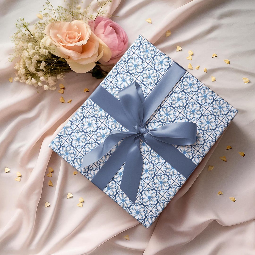 Blue Tile Wrapping Paper: Mediterranean Floral Design, Matte or Glossy ...