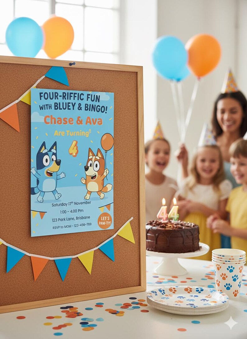 Bluey & Bingo Twin Birthday Invitation: Editable 4th Birthday (digital ...